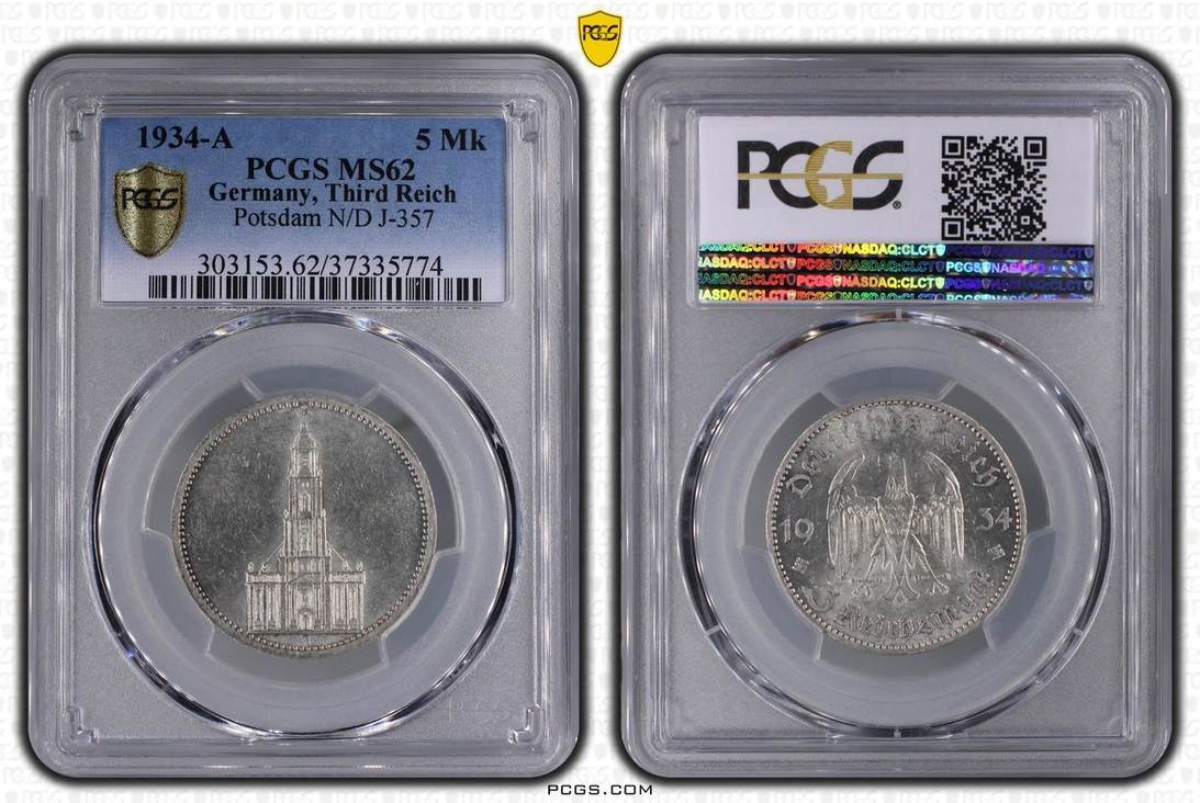 Germany, Third Reich 5 Mk 1934-A 3. Reich 5 Mark Garnisonkirche 1934 A ...