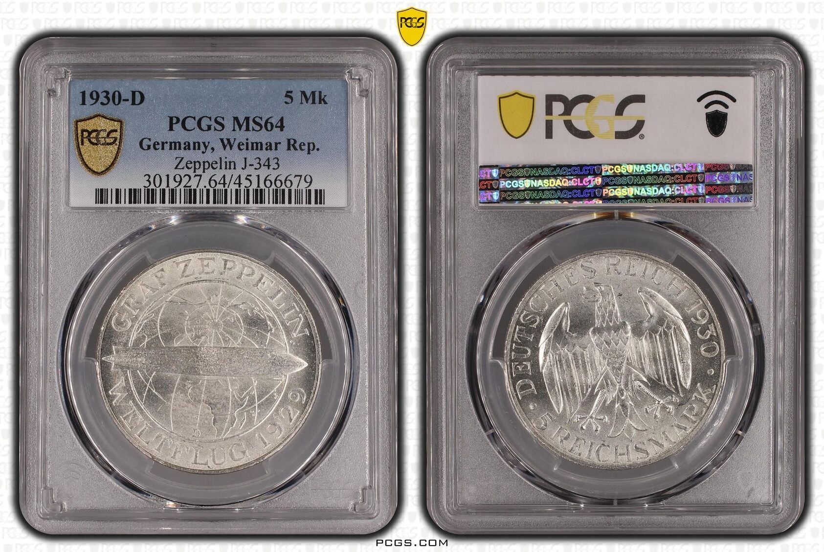 Germany, Weimar Rep. 5 Mark 1930-D 5 Reichsmark Graf Zeppelin 1930 D ...