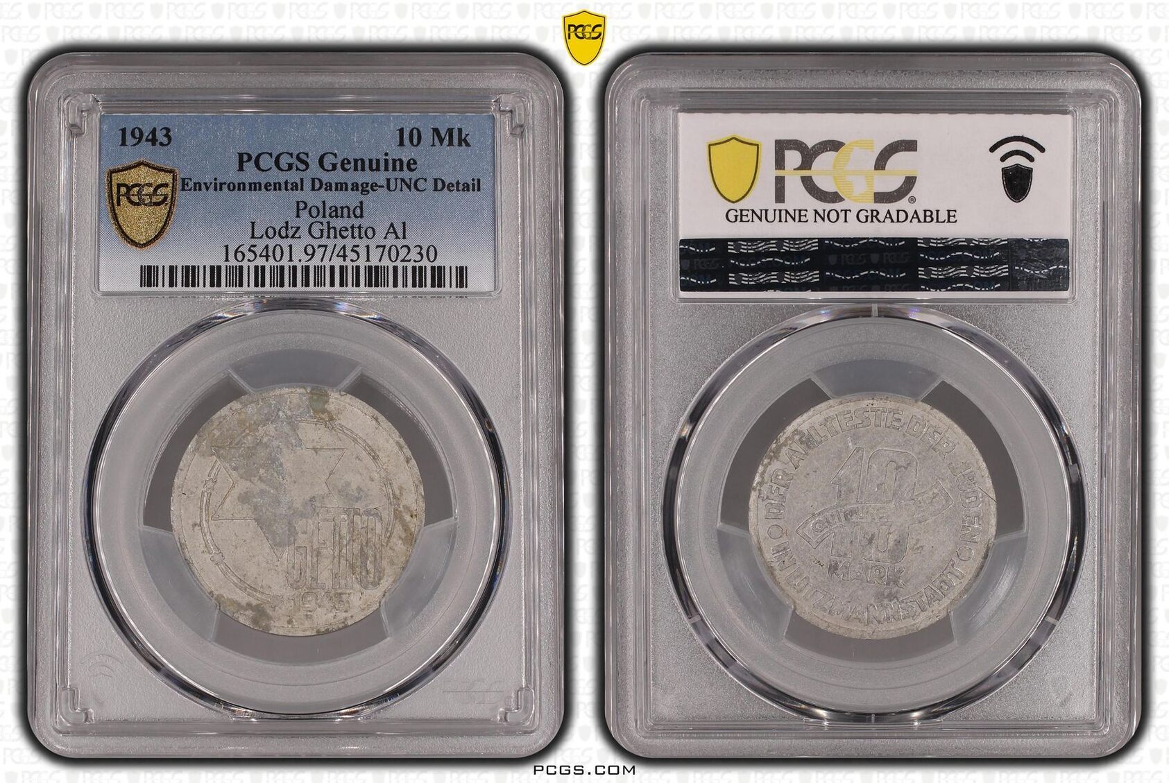Poland 1943 Getto Litzmannstadt 10 Mark Münze Aluminium mit Echtheitszertifikat PCGS Genuine ...