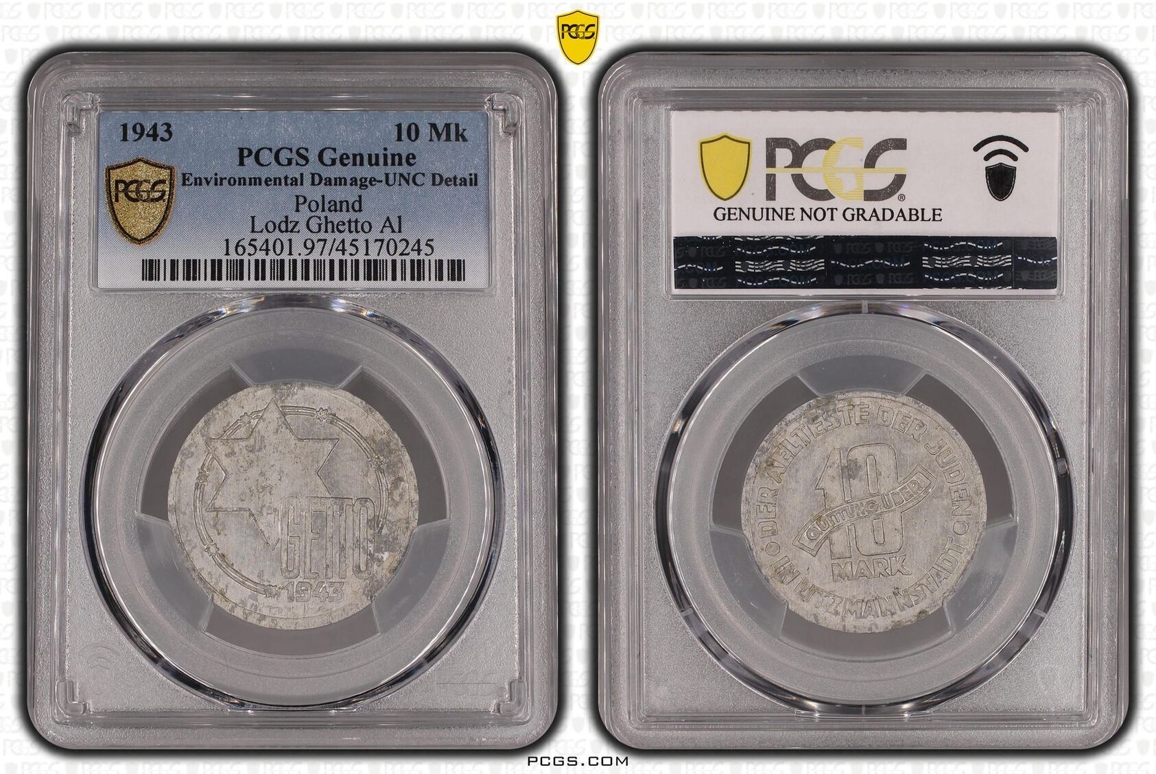 Poland 1943 Getto Litzmannstadt 10 Mark Münze Aluminium mit Echtheitszertifikat PCGS Genuine ...