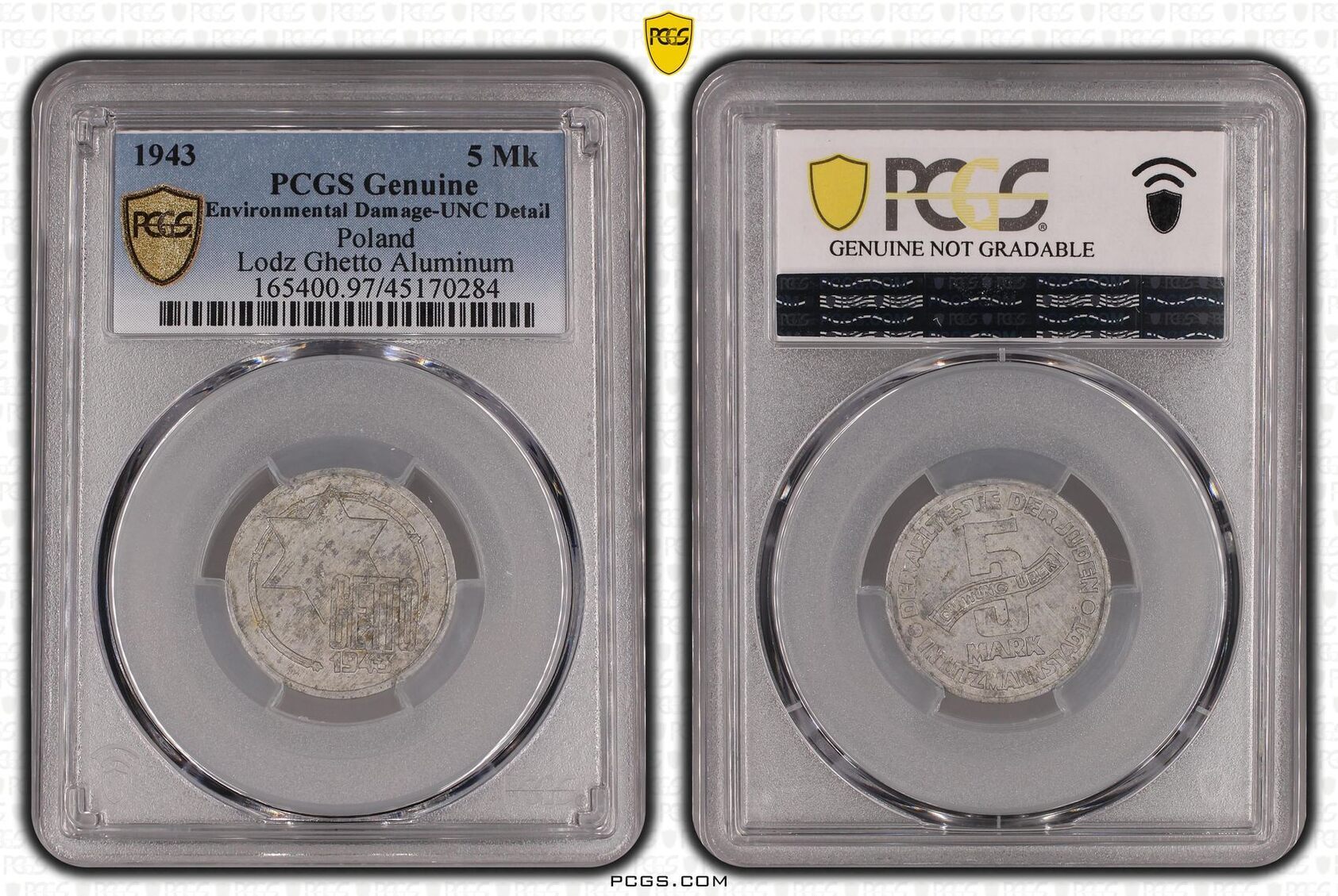 Poland 1943 Getto Litzmannstadt 5 Mark Münze Aluminium mit Echtheitszertifikat PCGS Genuine ...