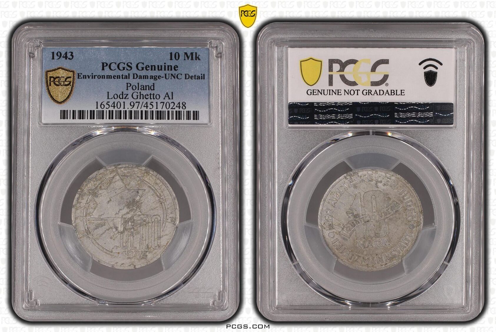 Poland 1943 Getto Litzmannstadt 10 Mark Münze Aluminium mit Echtheitszertifikat PCGS Genuine ...