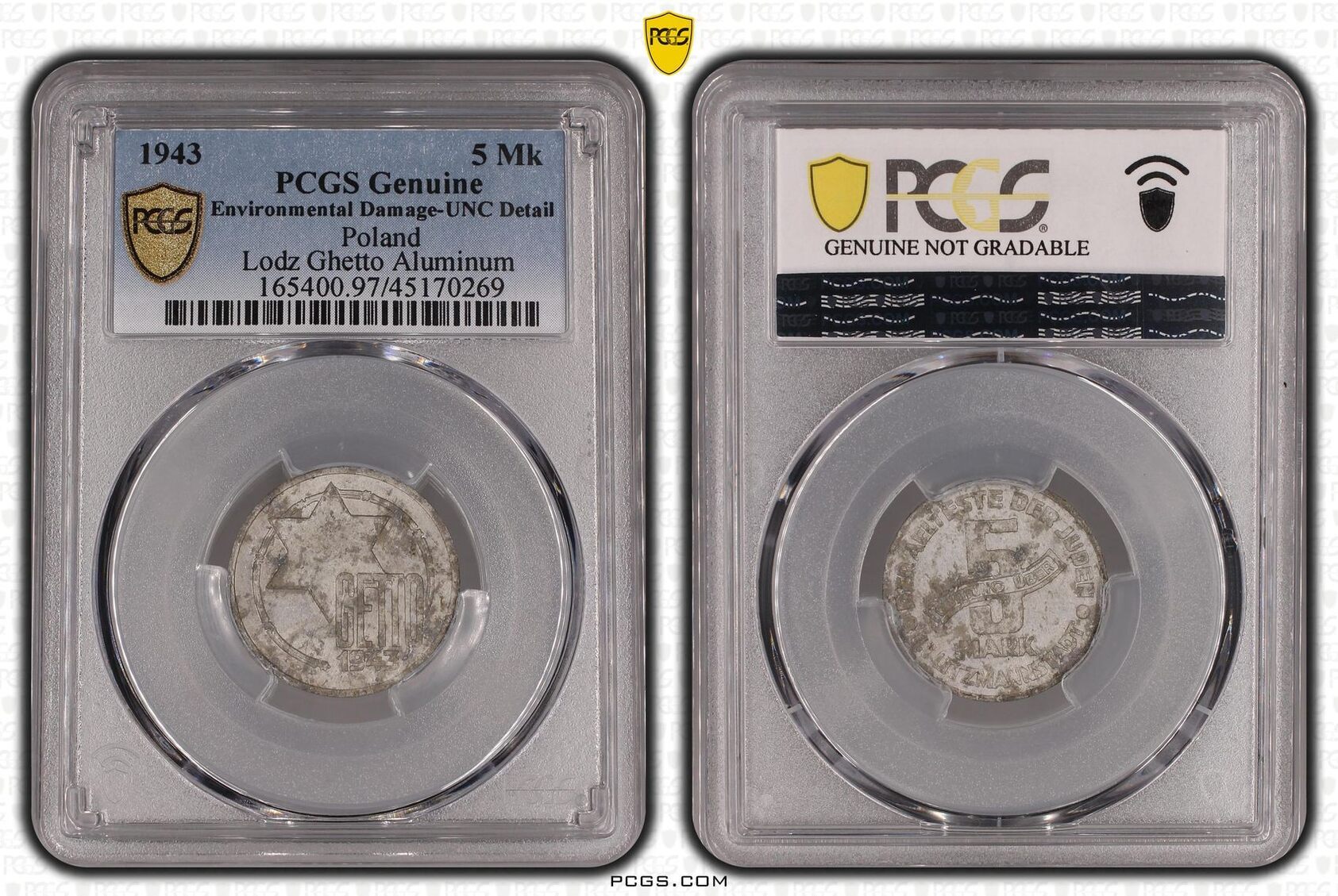 Poland 1943 Getto Litzmannstadt 5 Mark Münze Aluminium mit Echtheitszertifikat PCGS Genuine ...