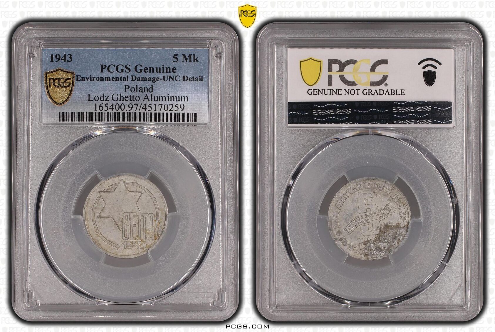 Poland 1943 Getto Litzmannstadt 5 Mark Münze Aluminium mit Echtheitszertifikat PCGS Genuine ...