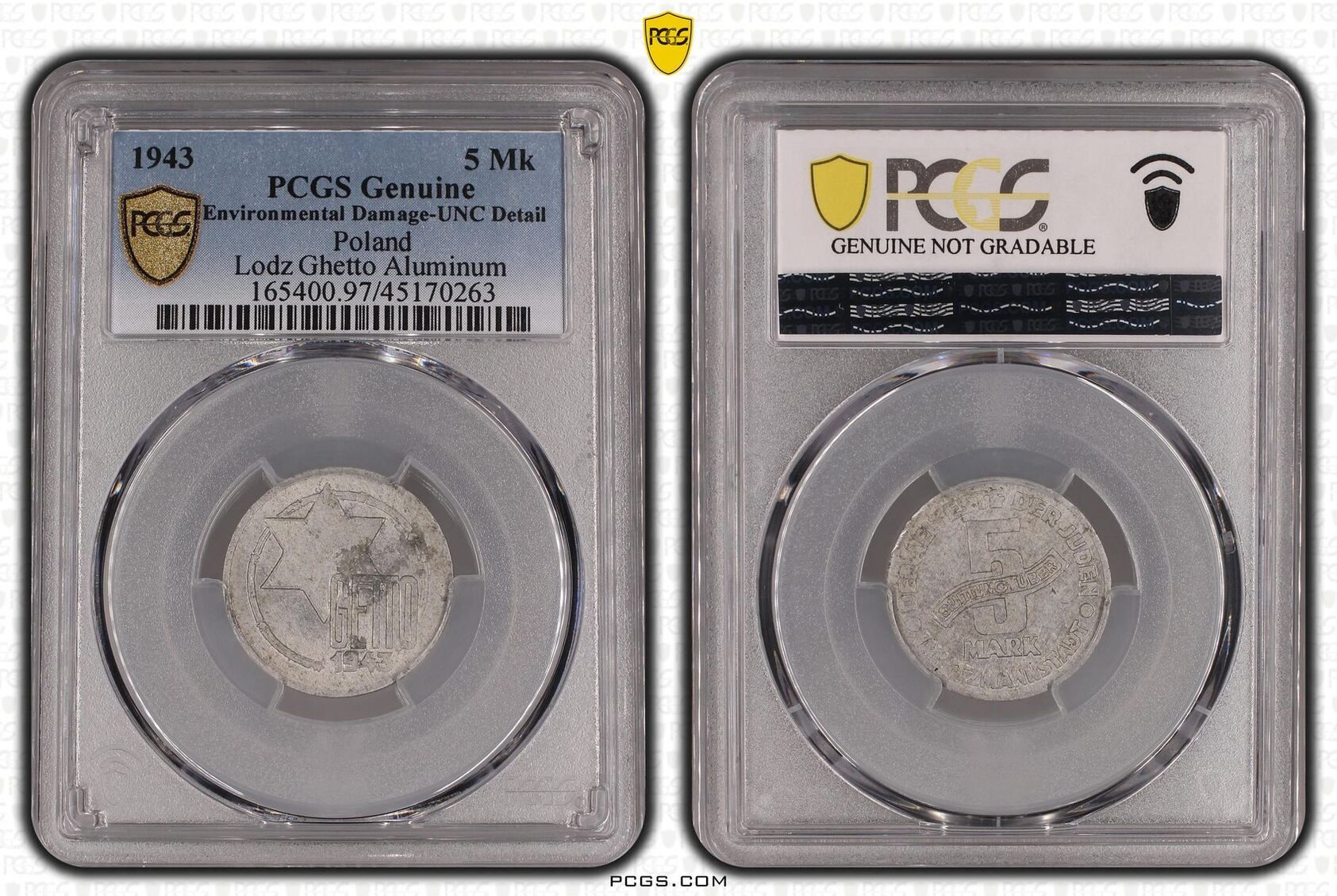 Poland 1943 Getto Litzmannstadt 5 Mark Münze Aluminium mit Echtheitszertifikat PCGS Genuine ...