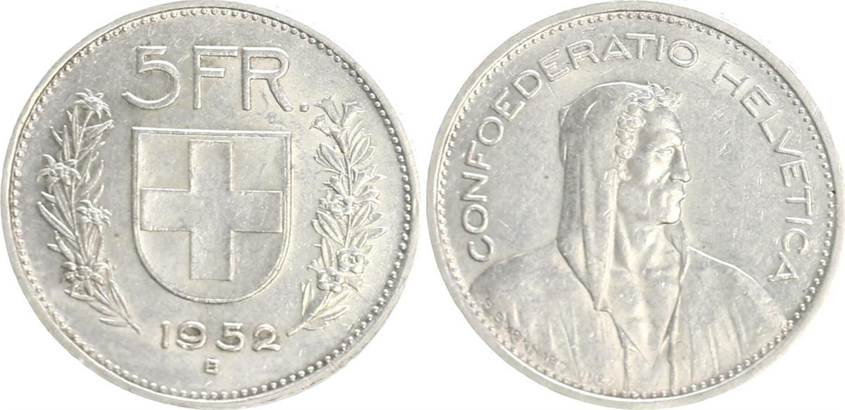 Schweiz 5 Franken Silber 1952 B seltenes Jahr f.vz aEF | MA-Shops