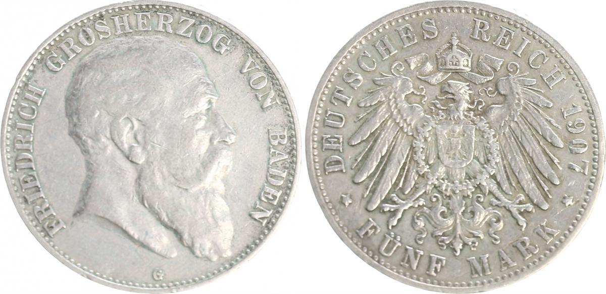 Deutschland / Kaiserreich / Baden Baden 5 Mark J.33 1907 G Silbermünze Friedrich ss VF | MA-Shops