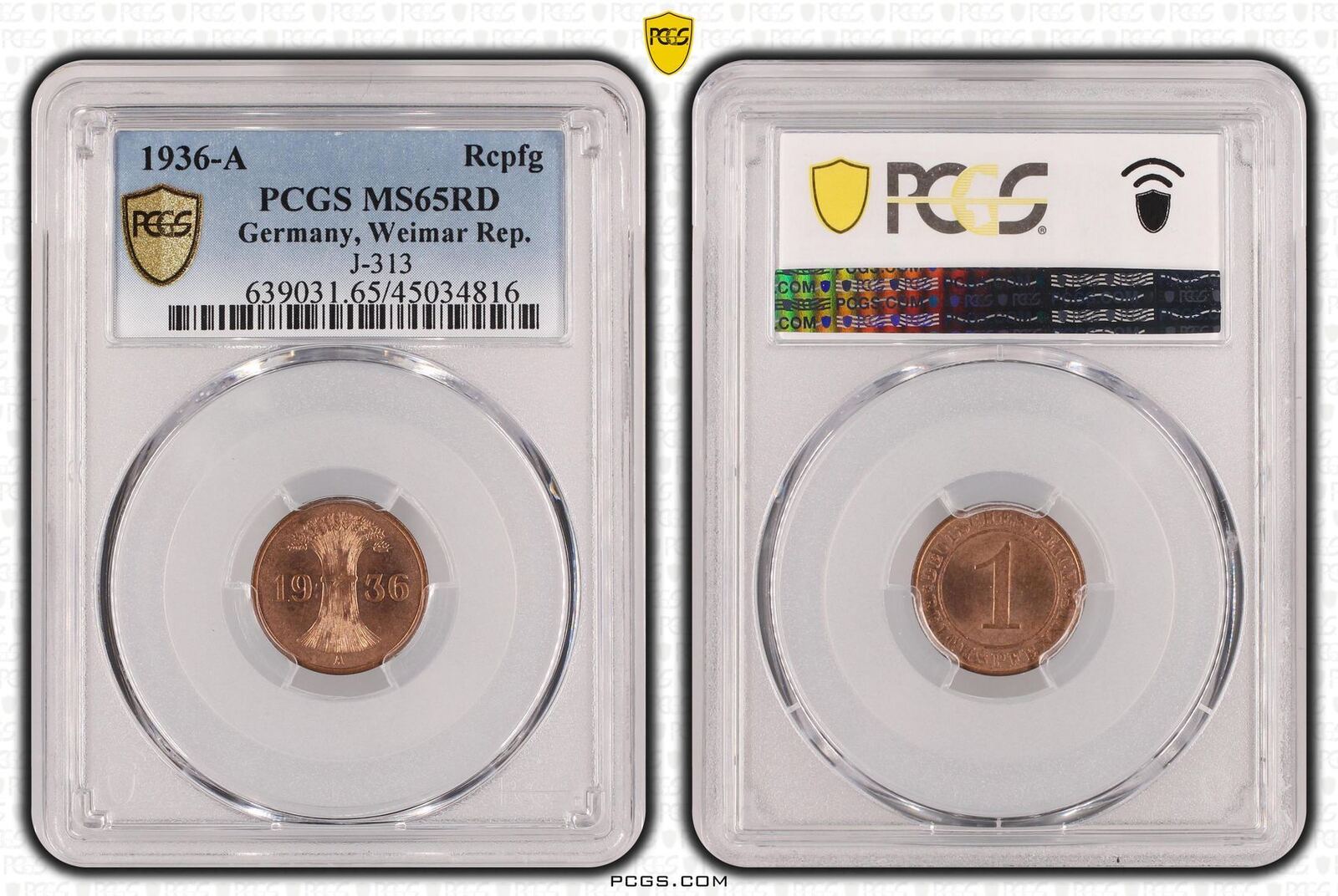 Germany, Weimar Rep. Reichspfennig 1936-A Weimar 1 Pfennig 1936 A prägefrisch-Stempelglanz PCGS ...