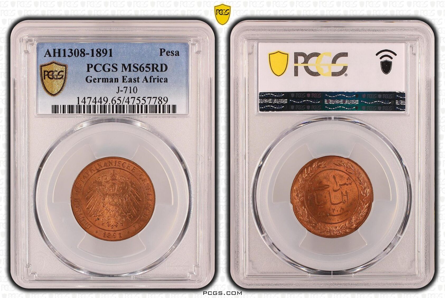 German East Africa 1 Pesa 1891 DOA Deutsch Ostafrika PCGS MS65RD | MA-Shops