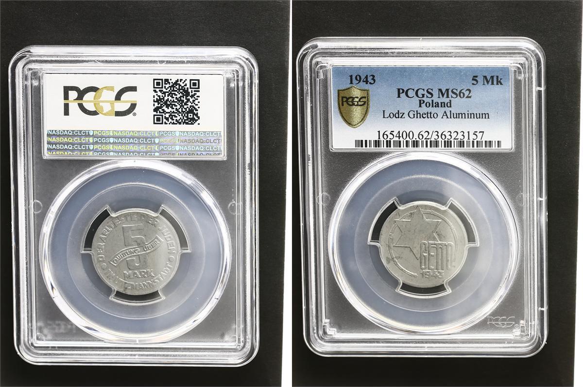 Deutschland / Polen / Getto Litzmannstadt 1943 Getto Litzmannstadt 5 Mark Münze Alumin., f.prfr ...