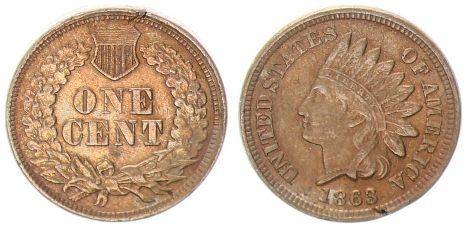 one Cent Indian Head USA one Cent 1863, Indian Head VF-EF, Randfehler ...