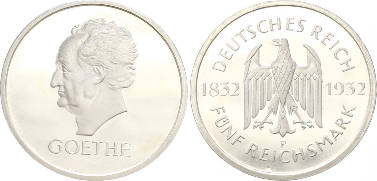 Germany, Weimar Rep. 1932-F Weimar 5 Mark Goethe, 1932 F Polierte ...