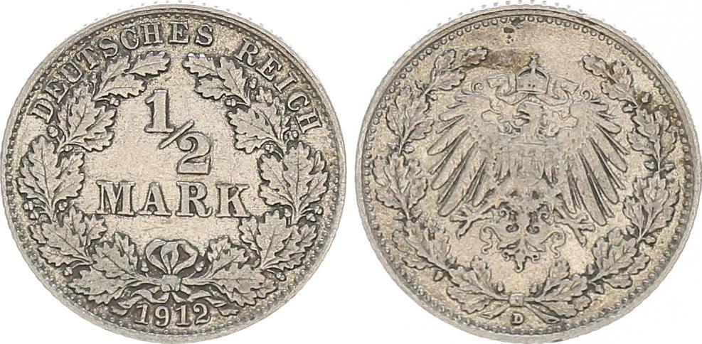 Kaiserreich Deutschland Deutsches Kaiserreich, 1/2 Mark Silber 1912 D VF | MA-Shops