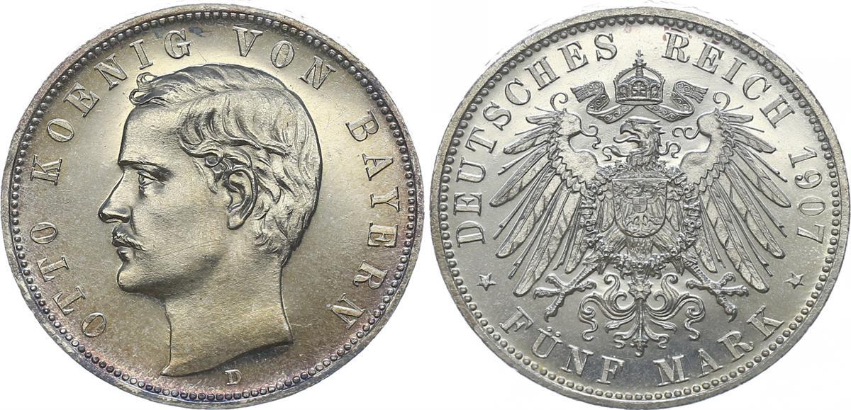 Bayern - Deutsches Kaiserreich Bayern 5 Mark 1907 D König Otto - polierte Platte Proof, leicht ...