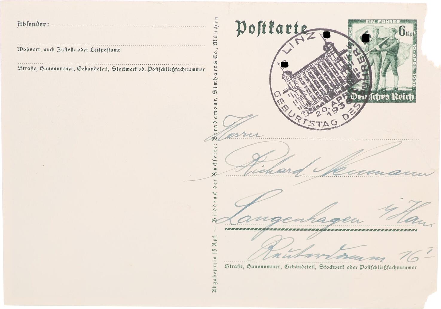 Deutschland / 3. Reich 20.4.1938 Postkarte Ein Volk ein Reich ein ...