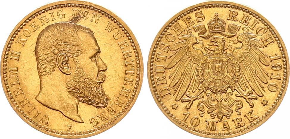 10 Mark Gold Württemberg 10 Mark 1910 F König Wilhelm II Gold EF / UNC ...