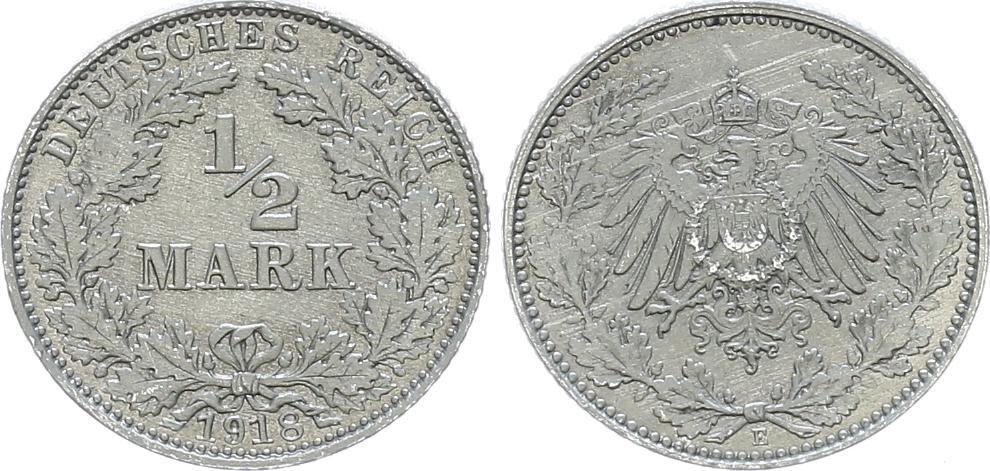 1918 E Deutsches Kaiserreich 1/2 Mark Silber CH UNC, leichte Patina | MA-Shops