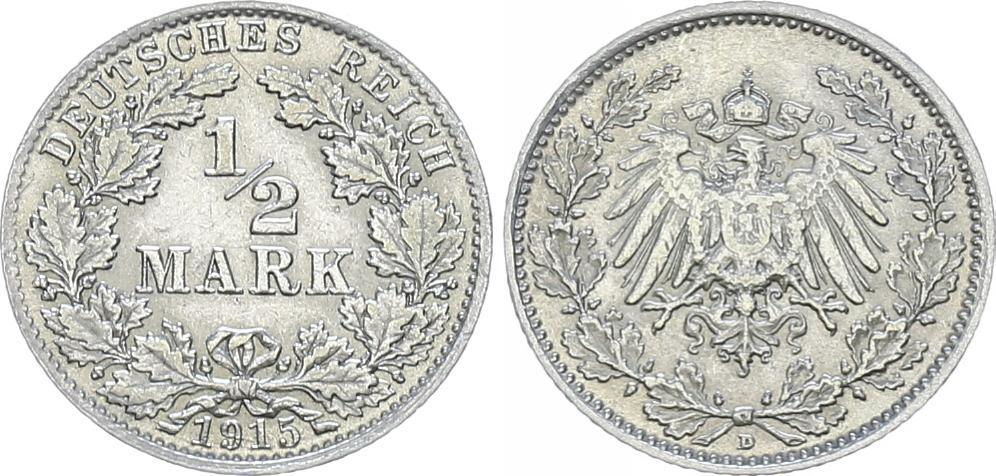 1915 D Deutsches Kaiserreich 1/2 Mark Silber VF-EF | MA-Shops
