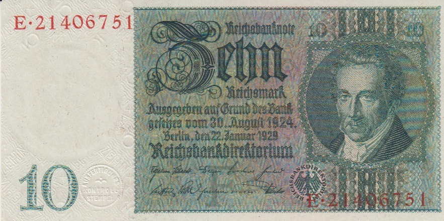 Deutschland 10 Reichsmark Reichsbanknote 10 Reichsmark Banknote 22.01. ...