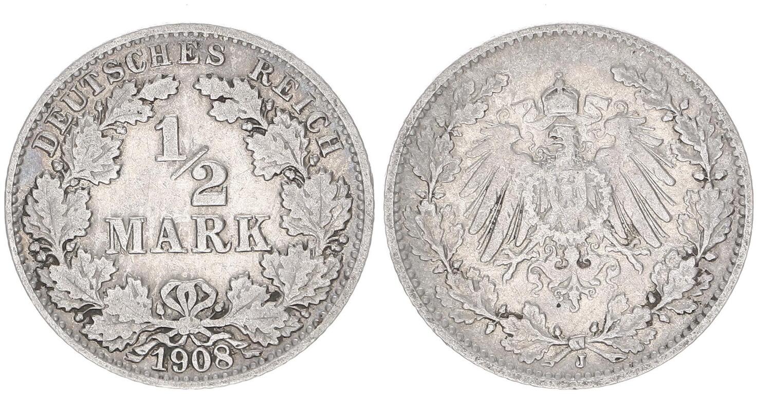 Kaiserreich Deutschland Deutsches Kaiserreich, 1/2 Mark Silber 1908 J VF | MA-Shops