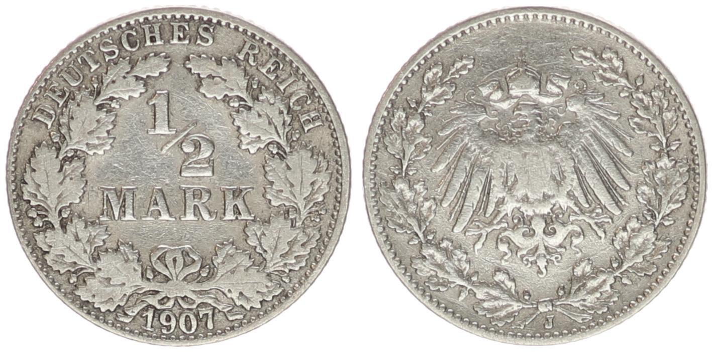Kaiserreich Deutschland 1/2 Mark Silber 1907 J VF | MA-Shops