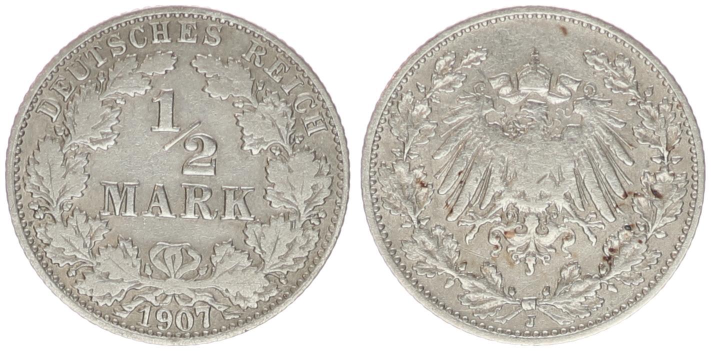 Kaiserreich Deutschland 1/2 Mark Silber 1907 J VF | MA-Shops
