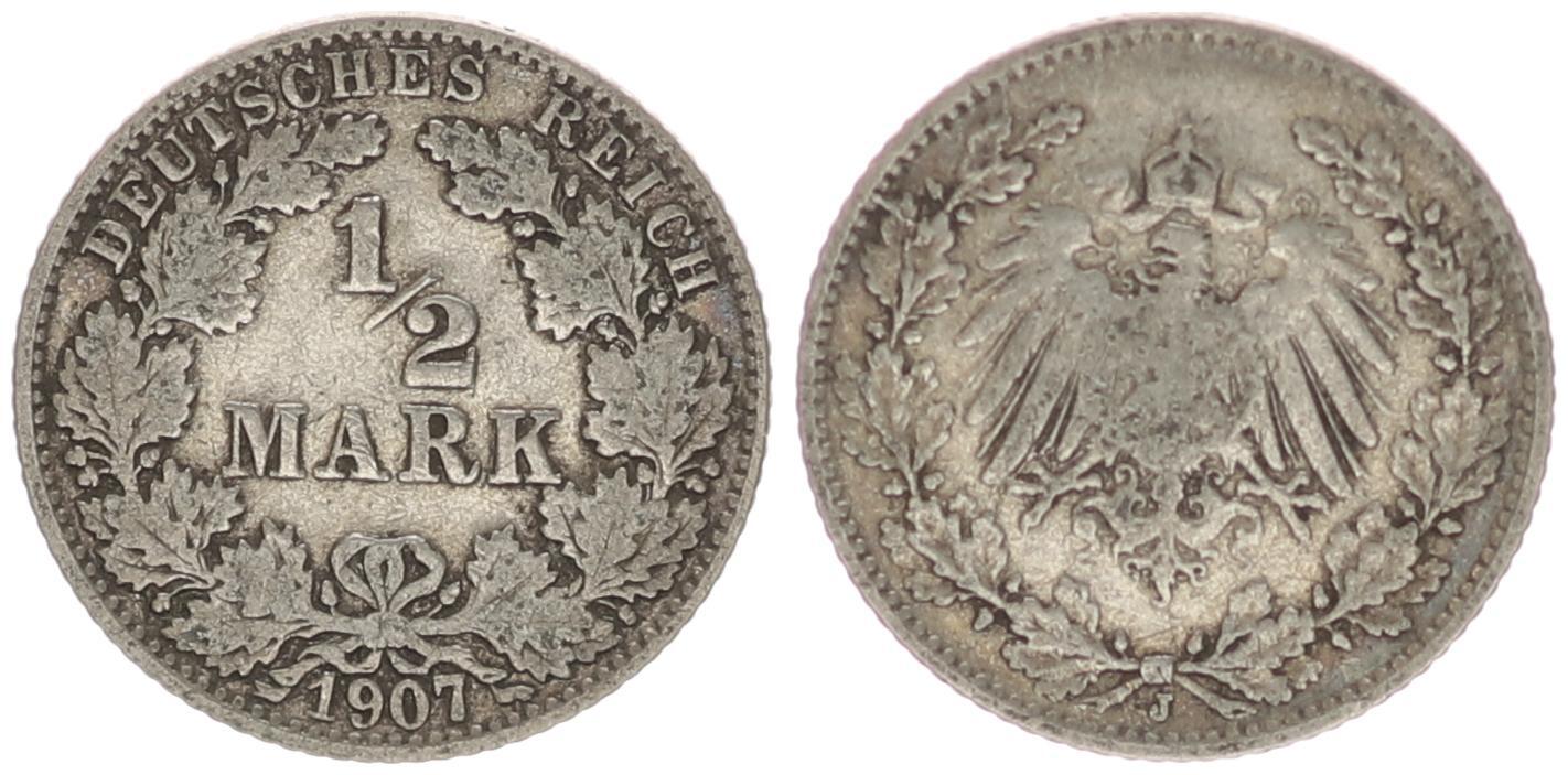 Kaiserreich Deutschland 1/2 Mark Silber 1907 J VF | MA-Shops
