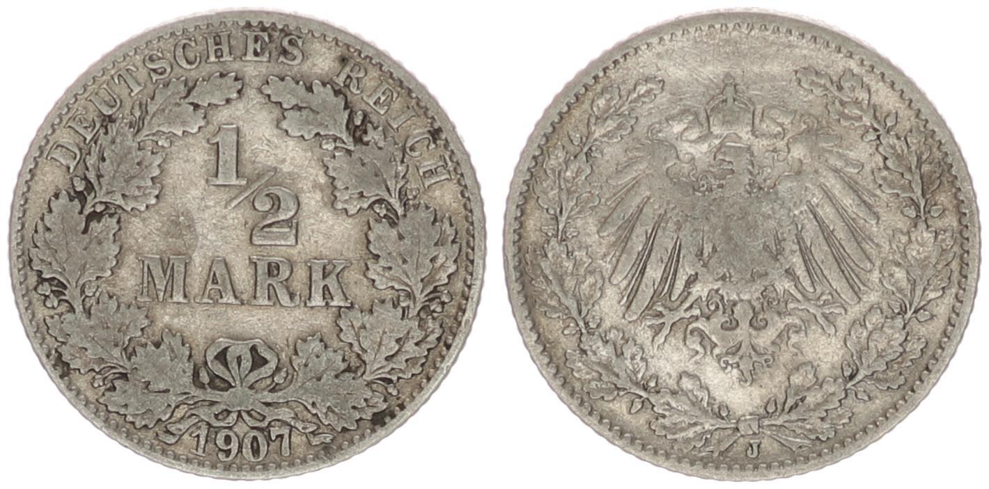 Kaiserreich Deutschland 1/2 Mark Silber 1907 J VF | MA-Shops