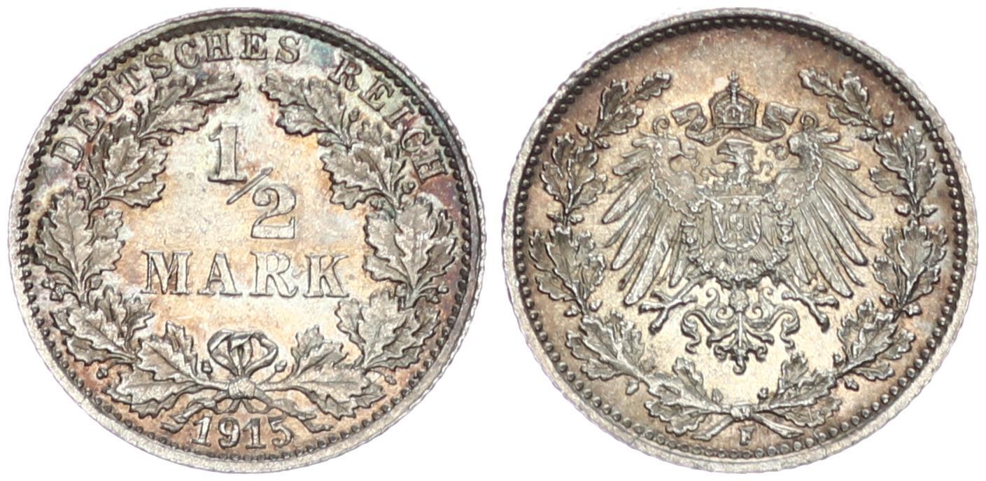 Deutsches Kaiserreich 1/2 Mark Halbe Mark 1915 F - Stuttgart - Silber (2) CH UNC | MA-Shops