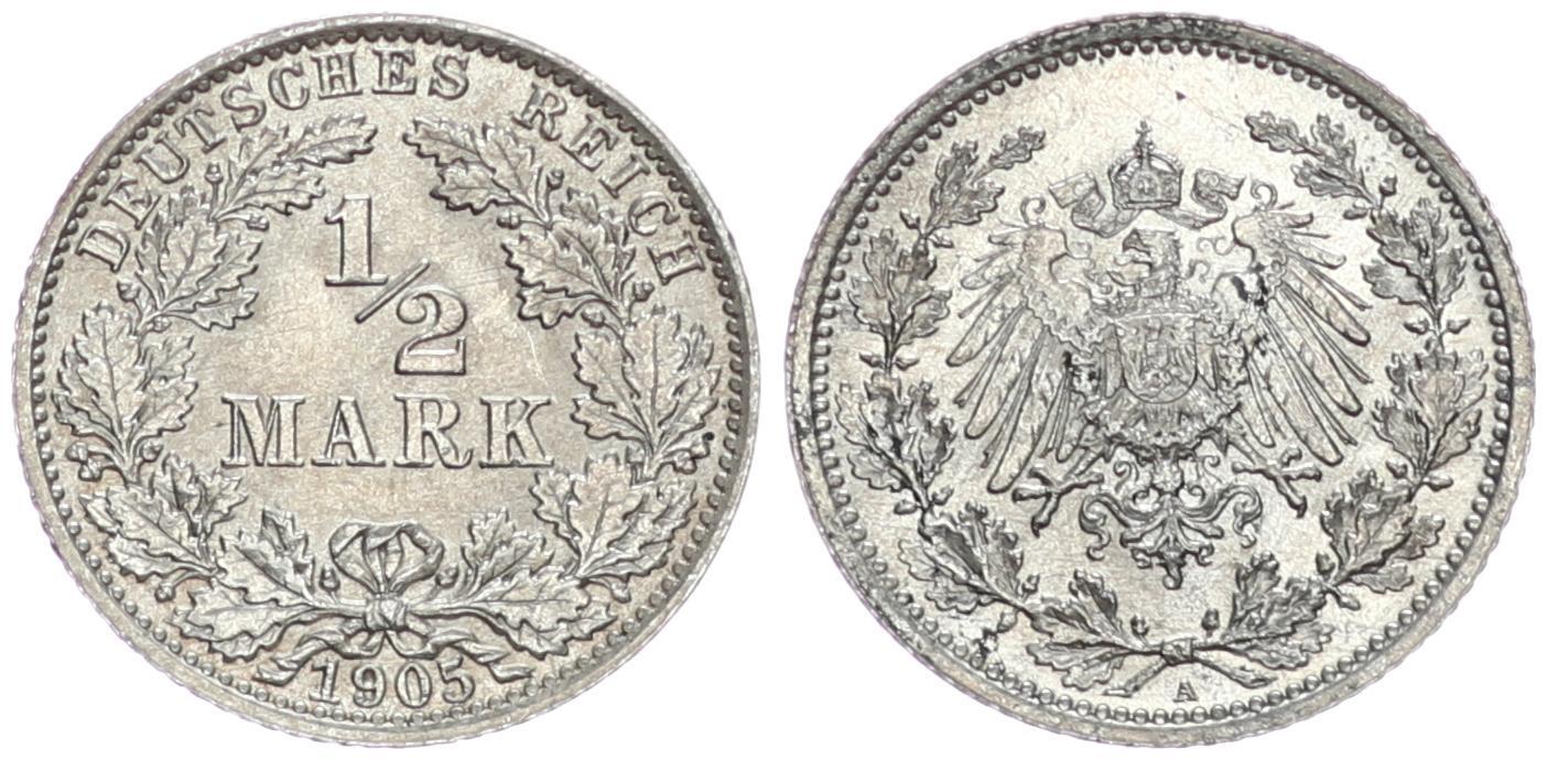 Deutsches Kaiserreich 1/2 Mark Halbe Mark 1905 A - Berlin - Silber (3) CH UNC | MA-Shops