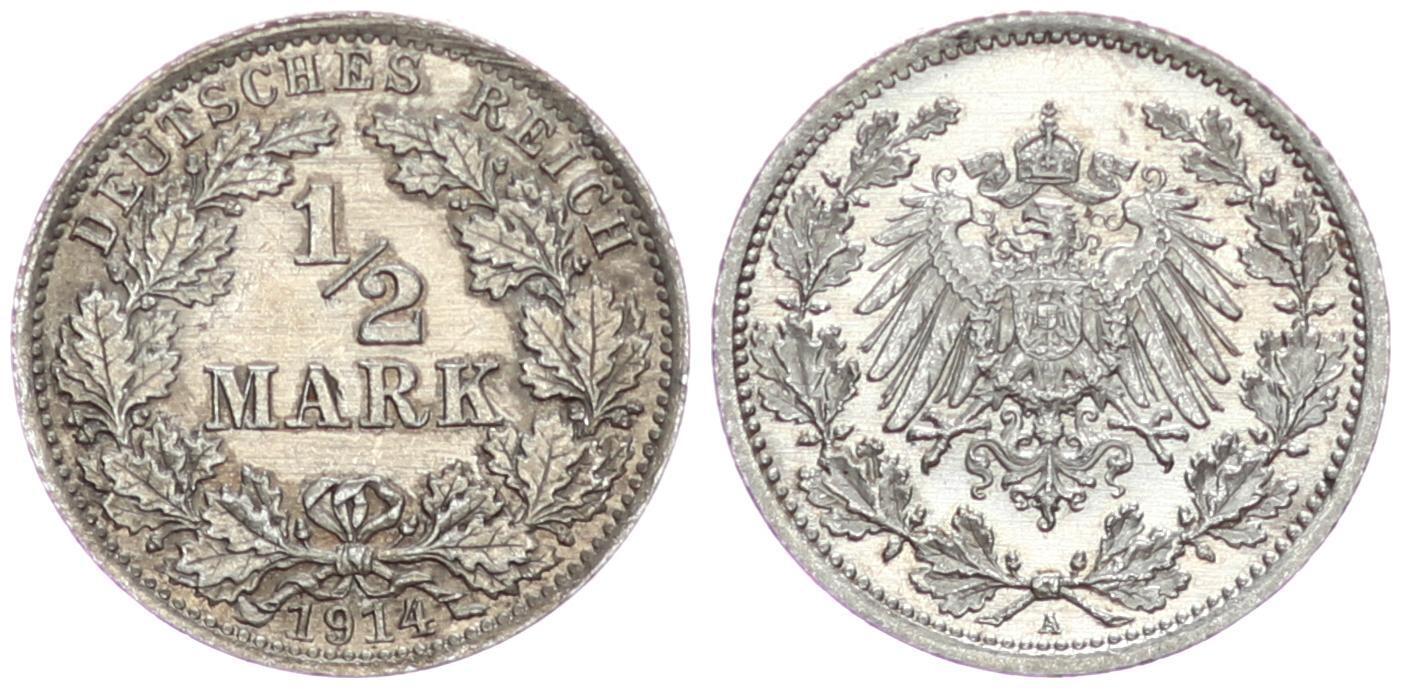 Deutsches Kaiserreich 1/2 Mark Halbe Mark 1914 A - Berlin - Silber (2) CH UNC | MA-Shops