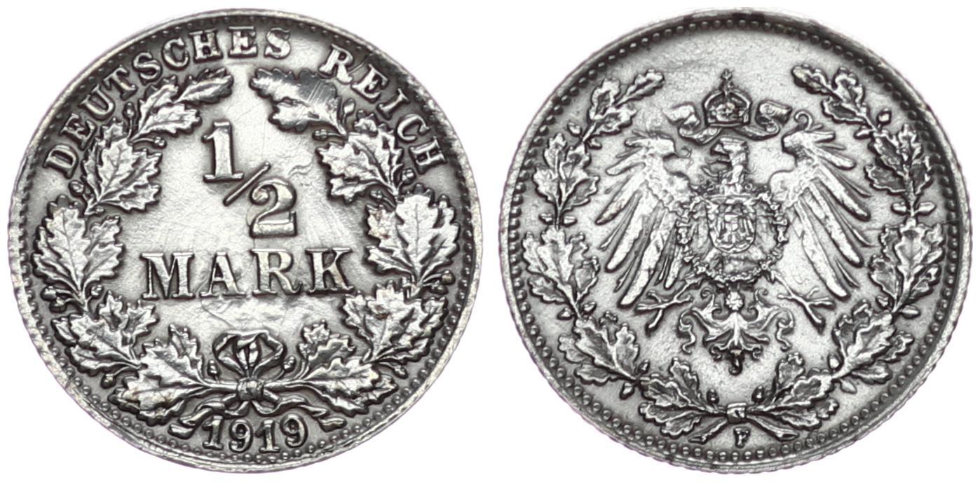 Deutsches Kaiserreich 1/2 Mark Halbe Mark 1919 F - Stuttgart - Silber - Adler neben Wertzahl ...