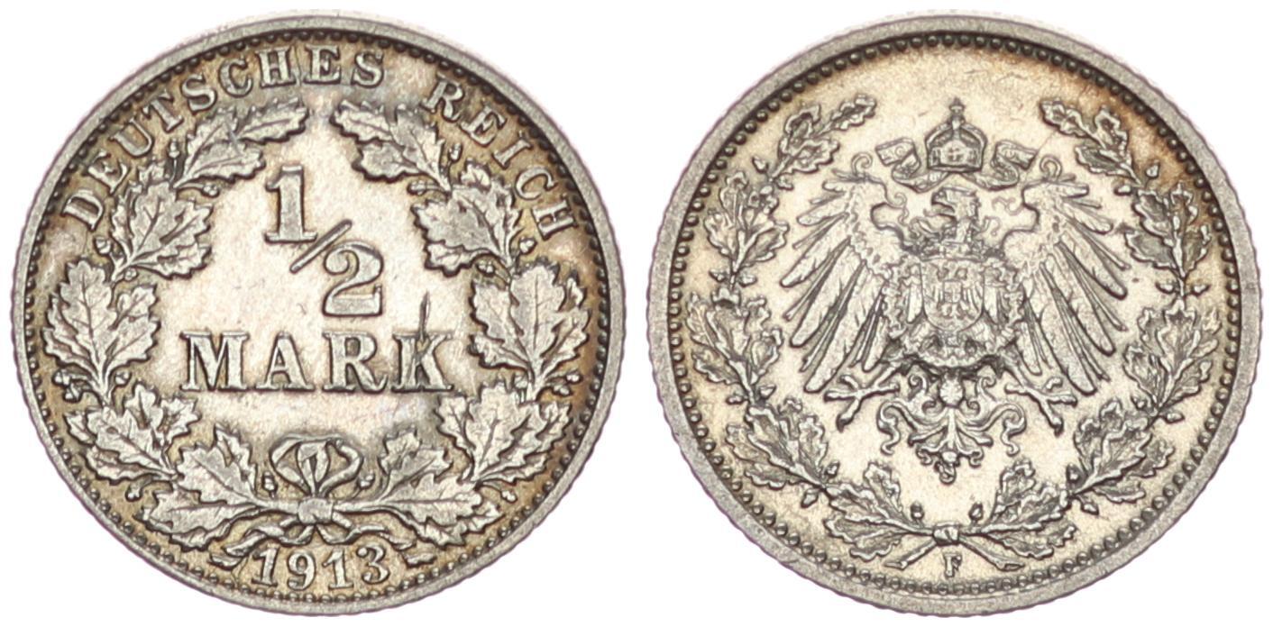 Deutsches Kaiserreich 1/2 Mark 1913 F Halbe Mark - Silber (3) VF-EF | MA-Shops