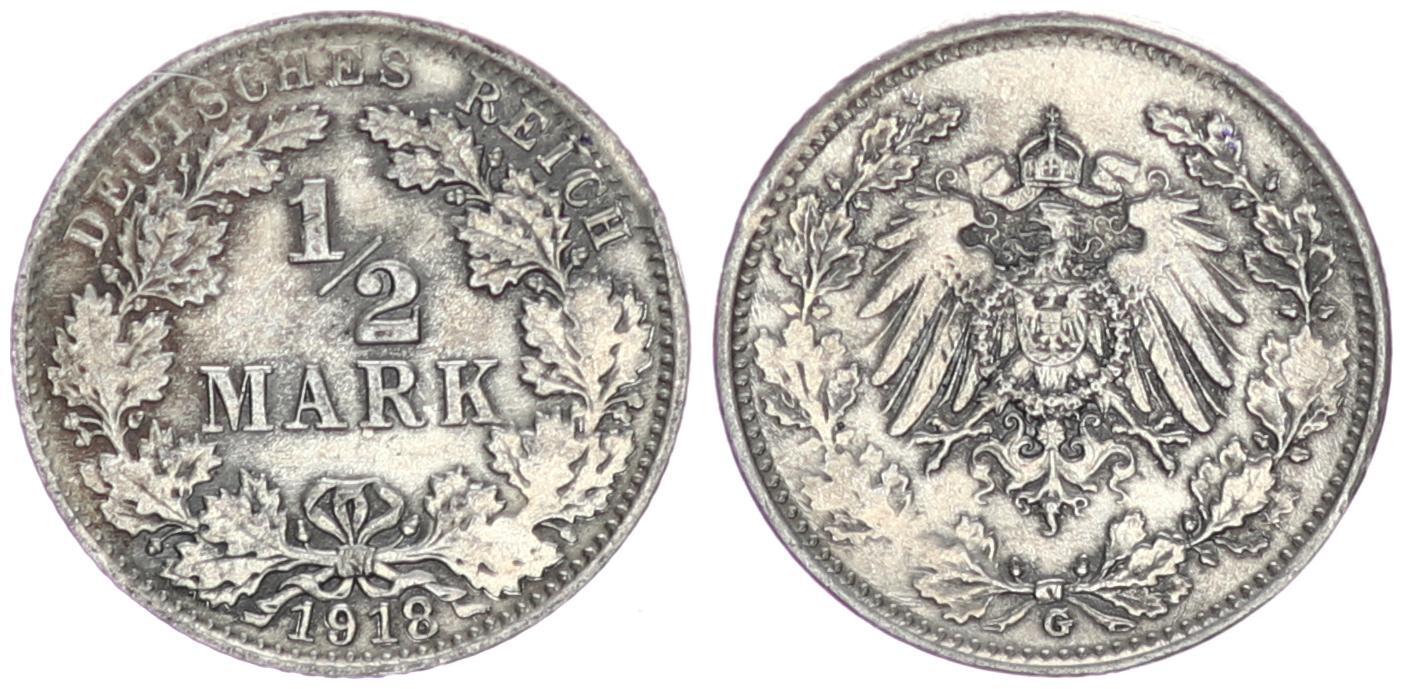 Deutsches Kaiserreich 1/2 Mark 1918 G Halbe Mark - Silber (2) VF-EF | MA-Shops
