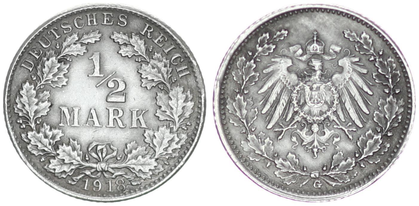 Deutsches Kaiserreich 1/2 Mark 1918 G Halbe Mark - Silber (4) VF-EF | MA-Shops