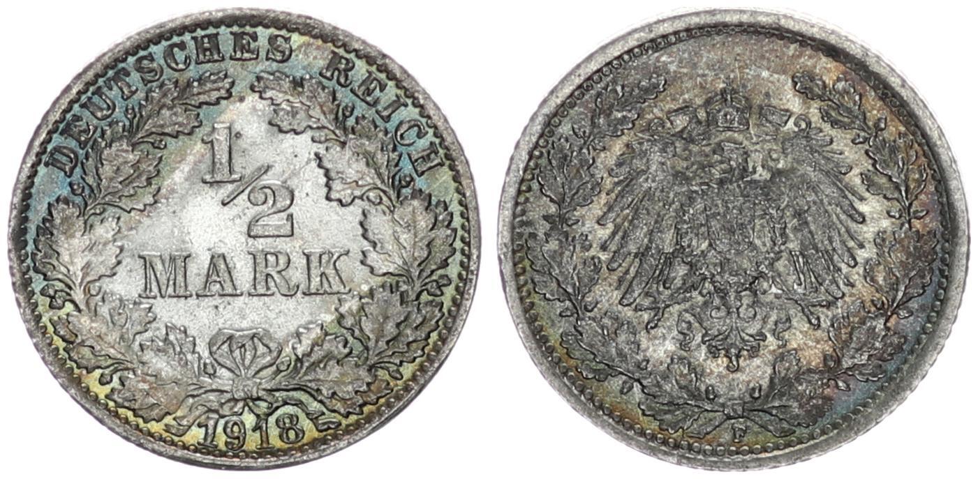 Deutsches Kaiserreich 1/2 Mark 1918 F Halbe Mark - Silber CH/GEM UNC | MA-Shops