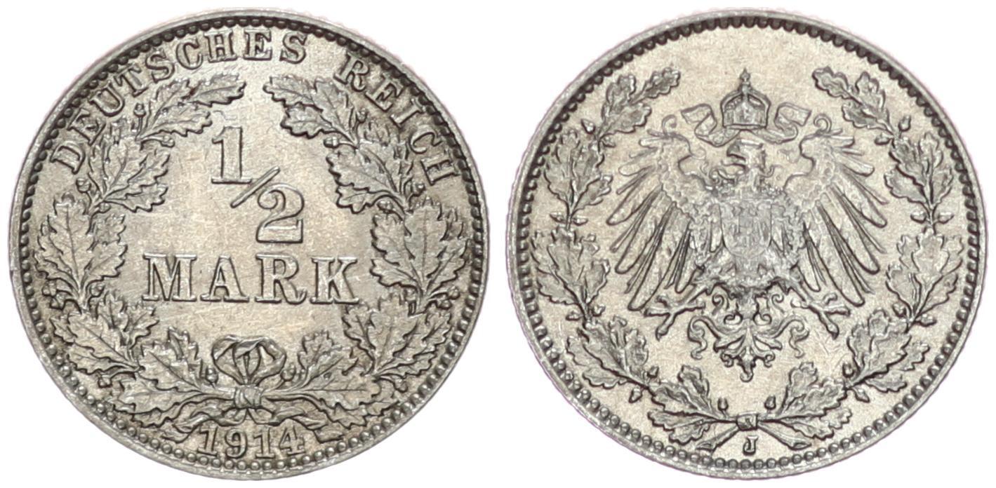 Deutsches Kaiserreich 1/2 Mark 1914 J Halbe Mark - Silber UNC / CH UNC | MA-Shops
