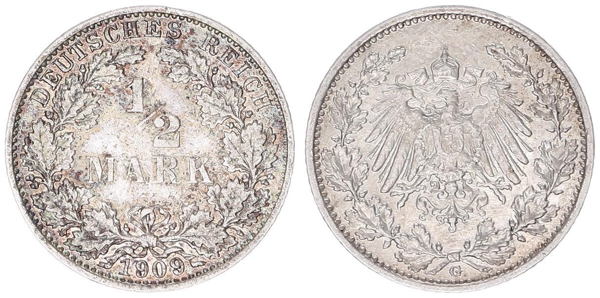 Kaiserreich Deutschland Deutsches Kaiserreich, 1/2 Mark Silber 1909 G VF-EF | MA-Shops