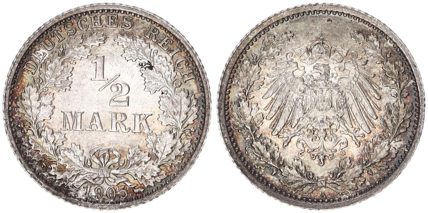 Deutsches Kaiserreich 1/2 Mark Halbe Mark 1905 A - Berlin - Silber CH UNC | MA-Shops
