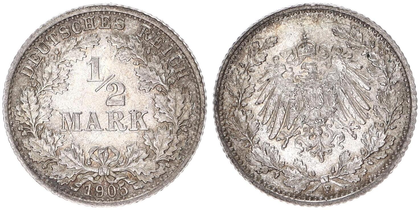 Deutsches Kaiserreich 1/2 Mark Halbe Mark 1905 F - Stuttgart - Silber UNC- | MA-Shops
