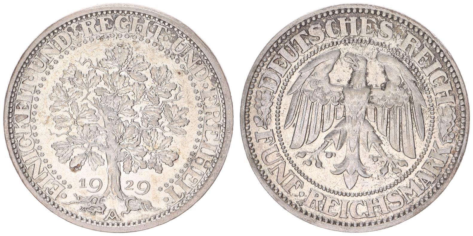 Weimarer Republik - Deutschland Weimar 5 Mark 1929 A Eichbaum VF-EF ...