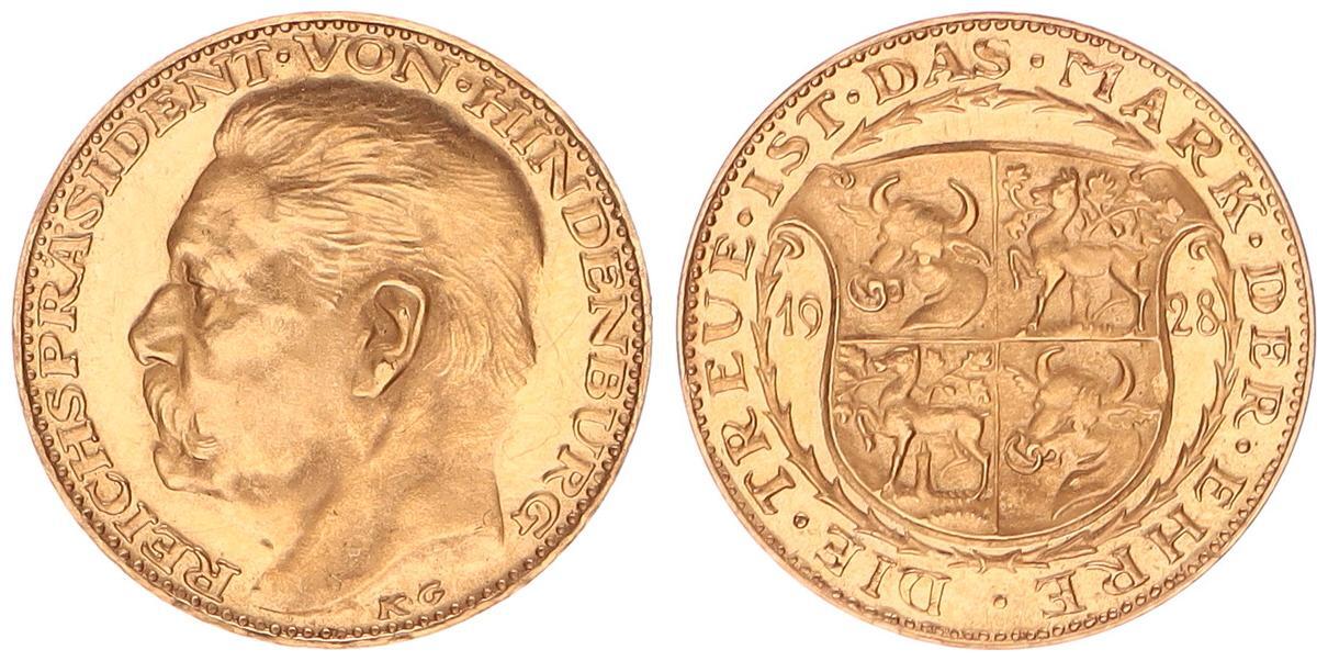 Deutschland / Weimar Hindenburg-Medaille, Gold in 10 Mark Größe 1928 ...