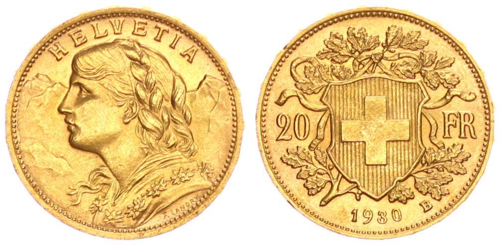 Schweiz Vreneli 20 Franken Gold 1930 B CH UNC | MA-Shops