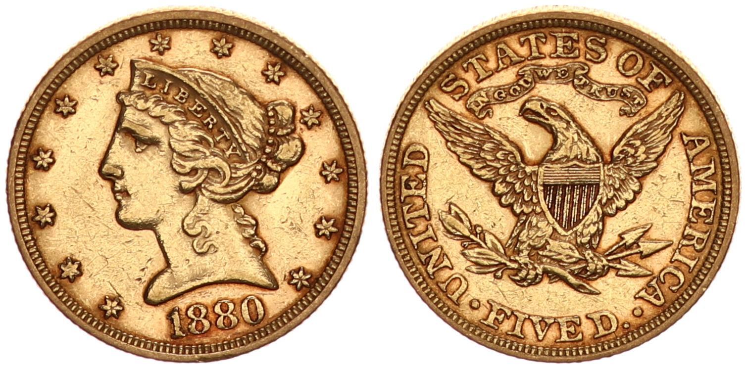USA - United States of America 5 Dollar USA 5 $ 1880 Gold Liberty Head ...
