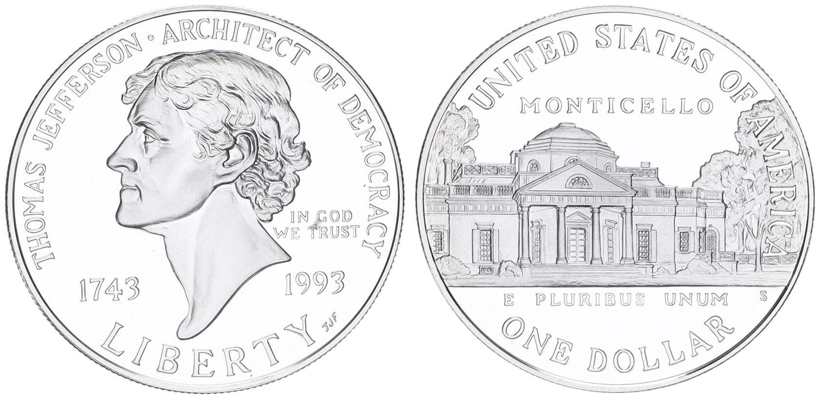  1 One Dollar USA 1 Dollar 1993 Thomas Jefferson Proof In Kapsel