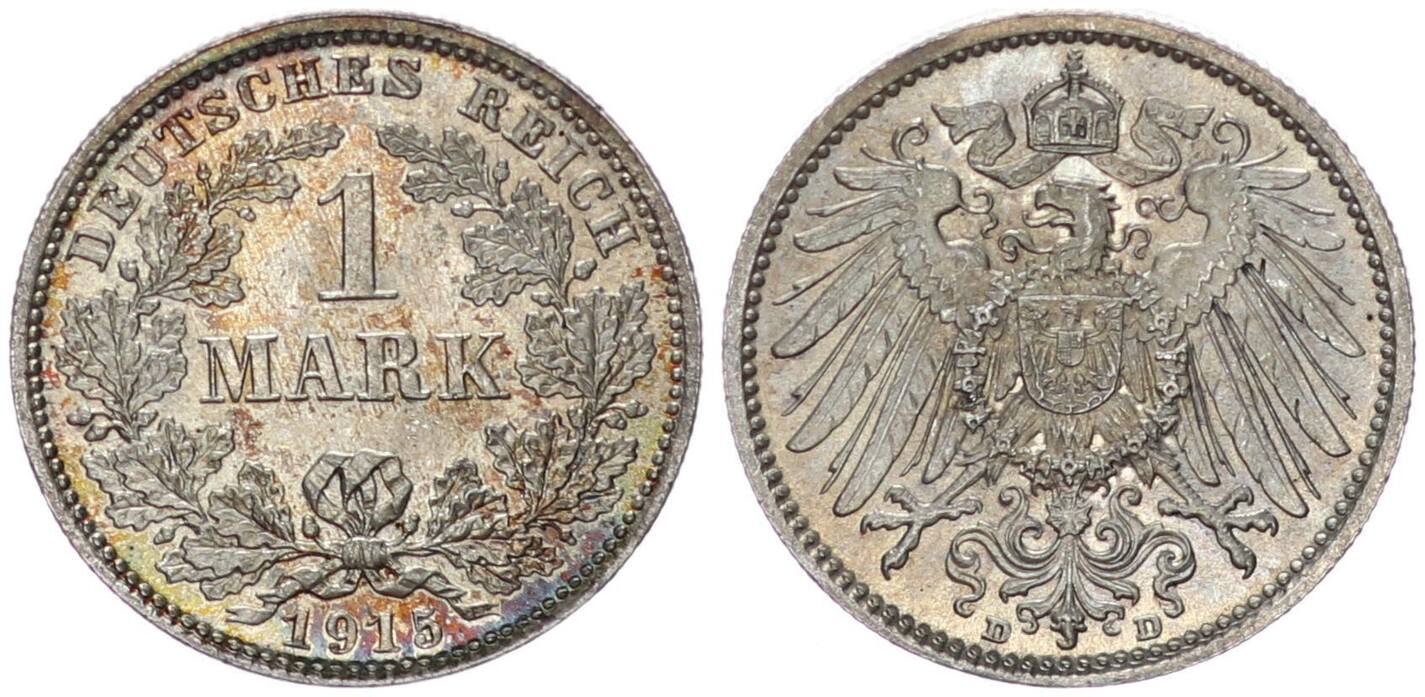 Deutsches Kaiserreich 1 Mark Kaiserreich 1 Reichsmark 1915 D BU, Patina | MA-Shops