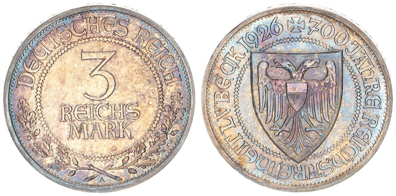 Deutschland - Weimarer Republik Weimar 3 Mark Lübeck 1926 A vz-st,Proof ...