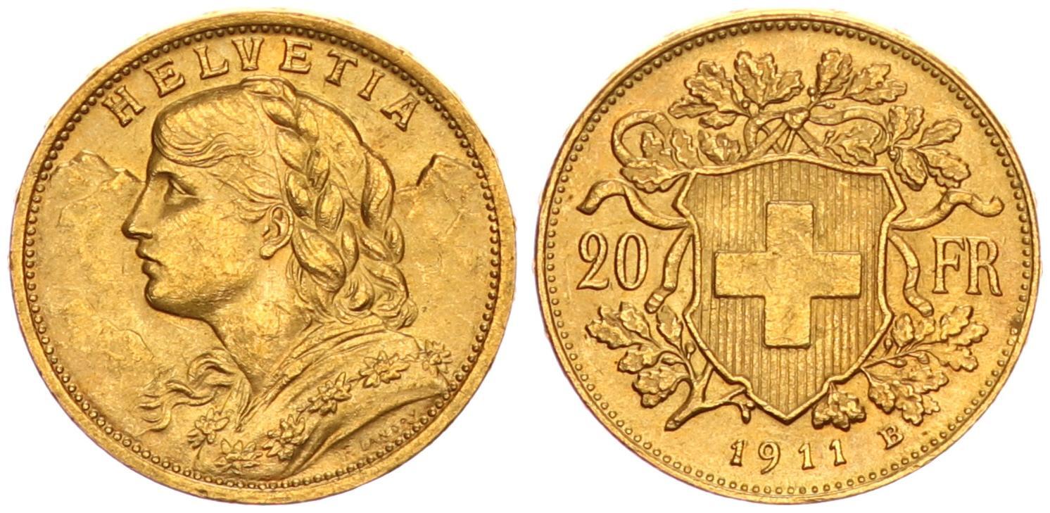 Schweiz Vreneli 20 Franken Gold 1911 B UNC- | MA-Shops