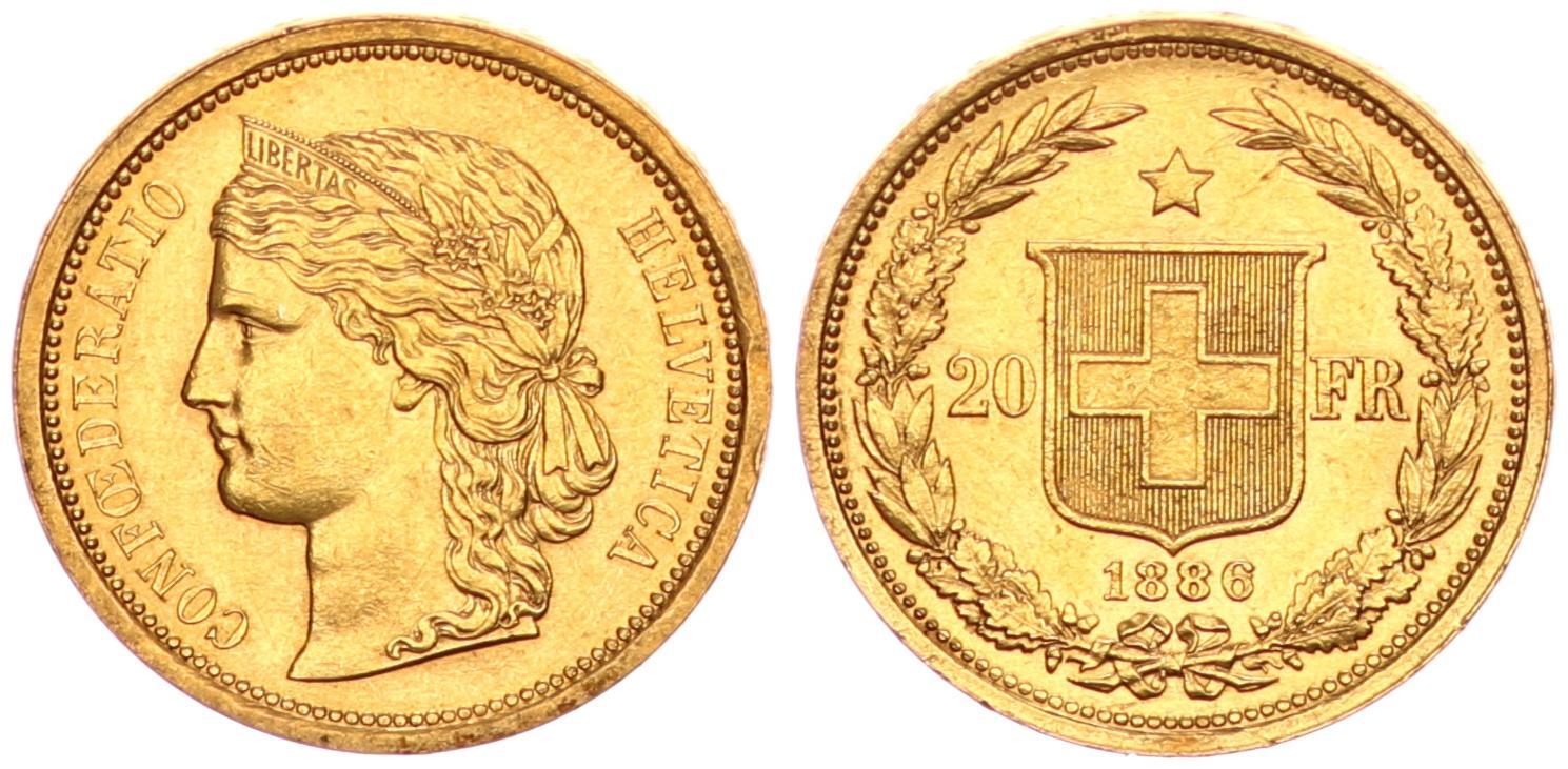20 Franken Helvetia Schweiz Helvetica 20 Franken Gold 1886 UNC- | MA-Shops