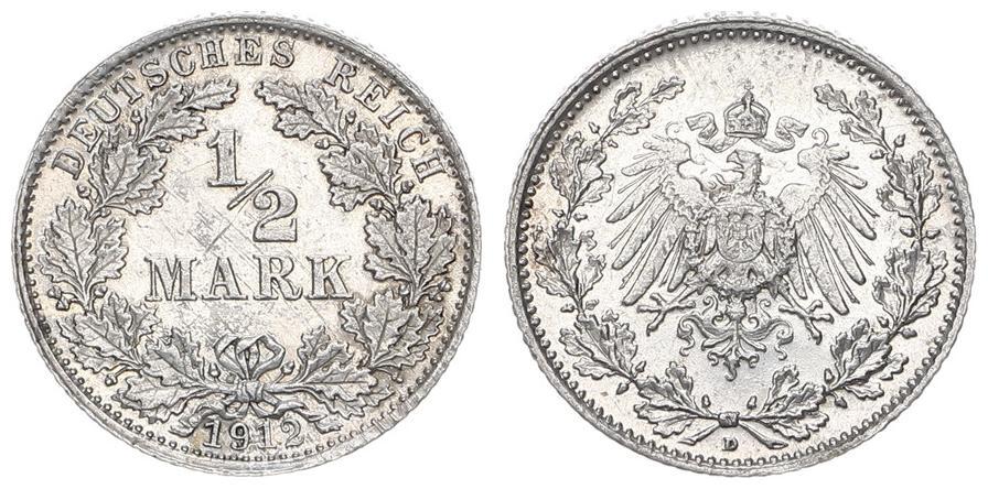 Kaiserreich Deutschland Deutsches Kaiserreich, 1/2 Mark Silber 1912 D * UNC-,Kratzer | MA-Shops